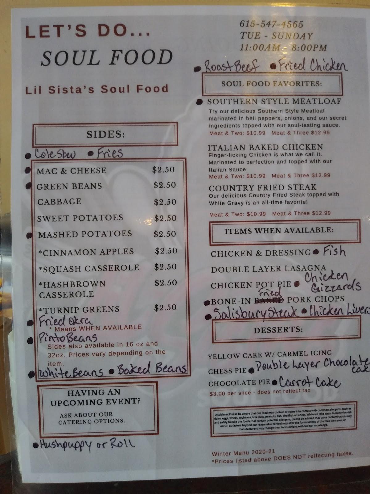 Menu at Lil Cee's restaurant, Nashville