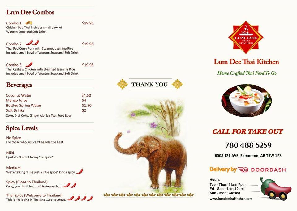 Menu at Lum Dee Thai Kitchen restaurant, Edmonton, 121 Ave NW