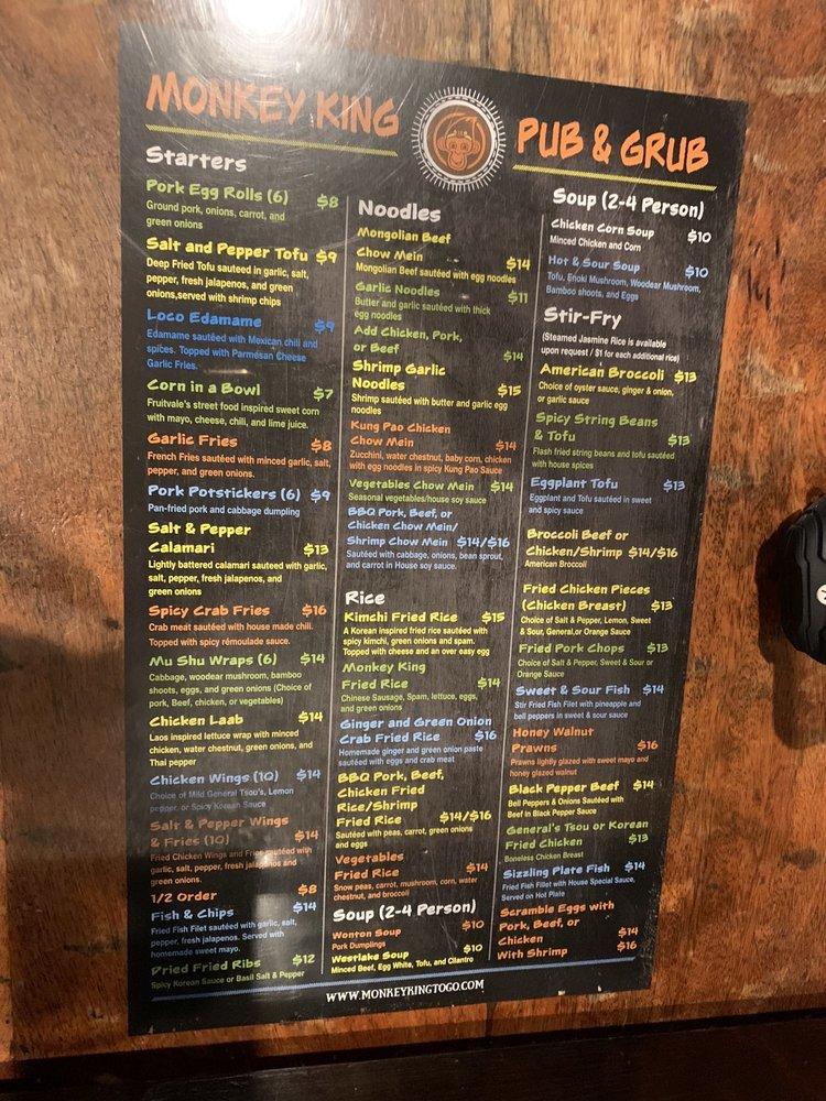 Menu at Monkey King Pub & Grub, Alameda