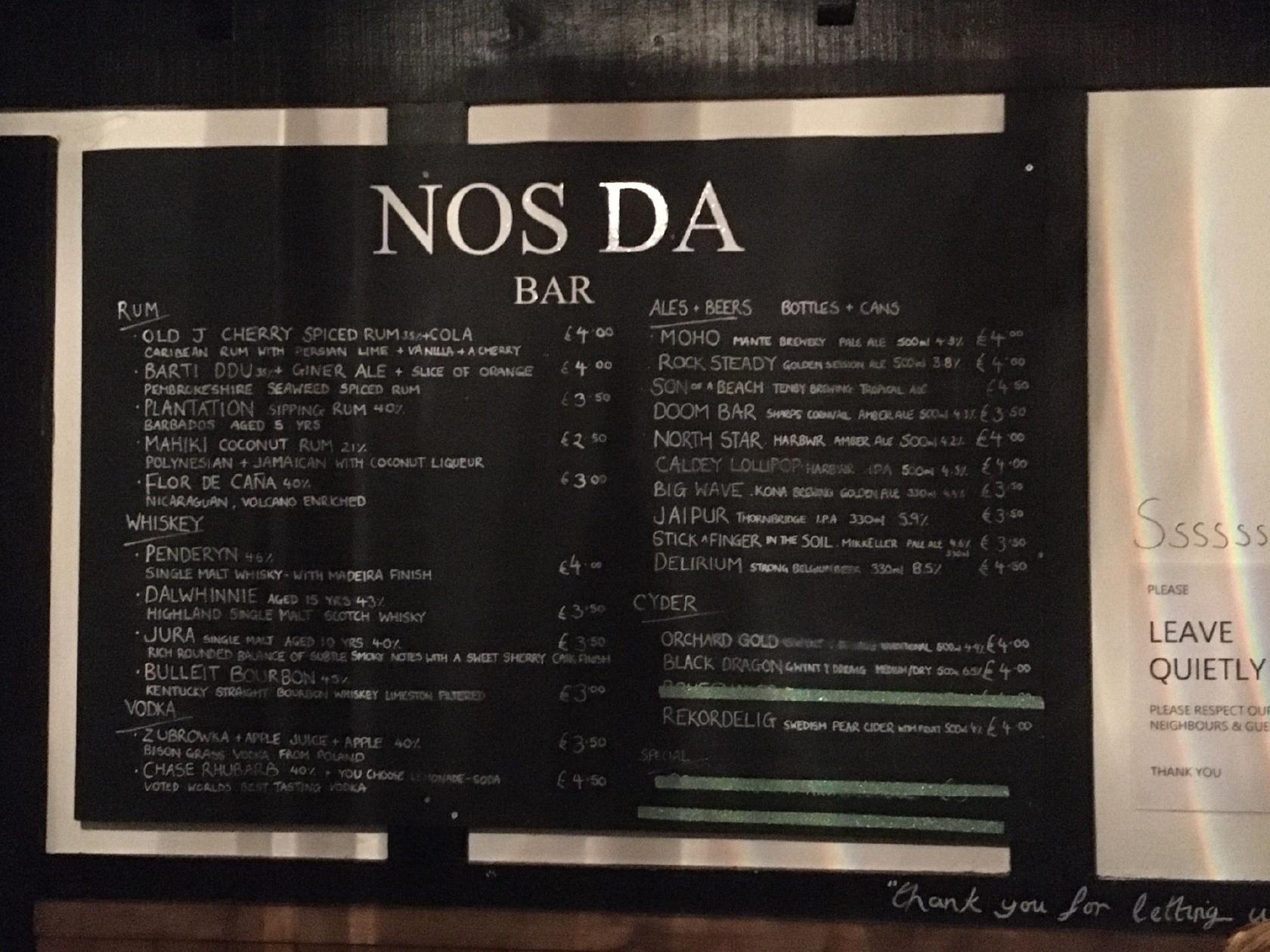 Menu at Nos Da Bar, Milford Haven