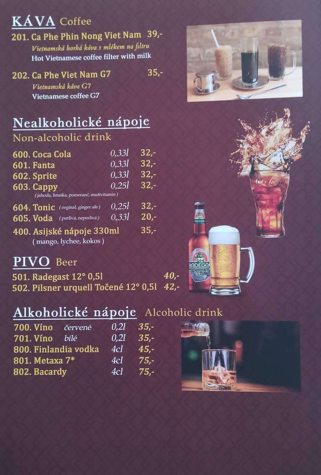 Menu at Phở Linh restaurant, Novy Jicin