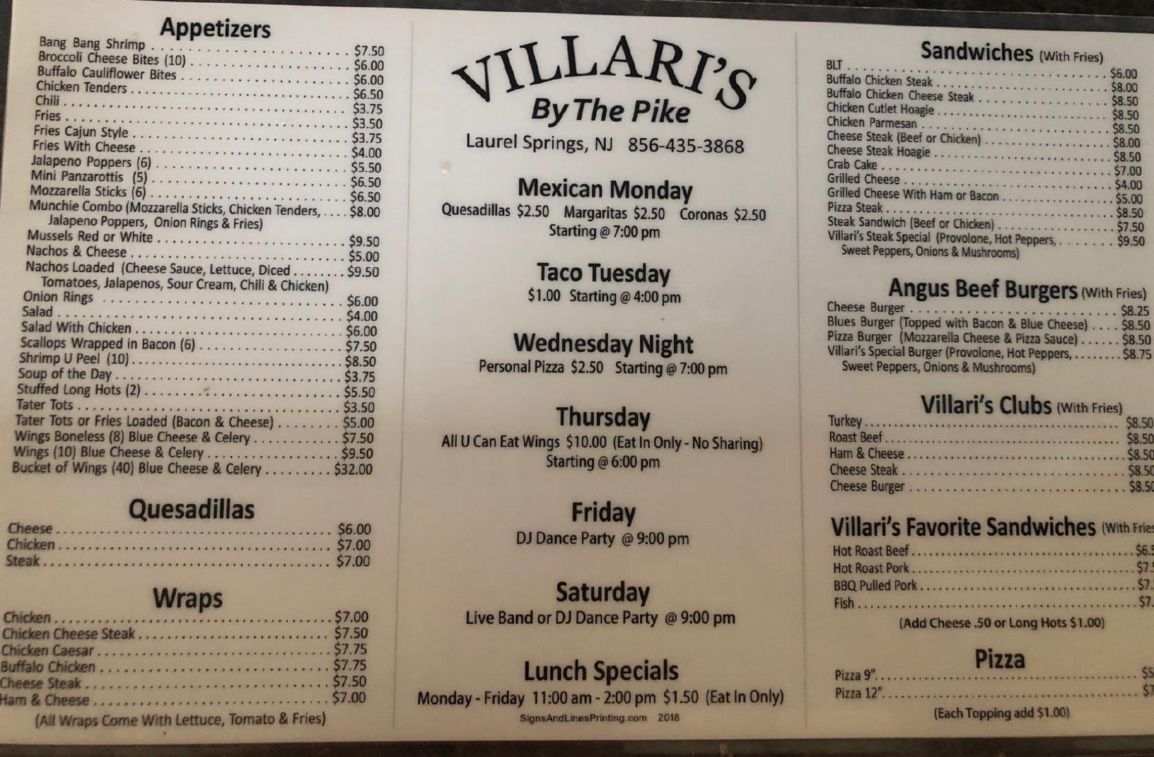 Menu at Villari's by the Pike pub & bar, Laurel Springs