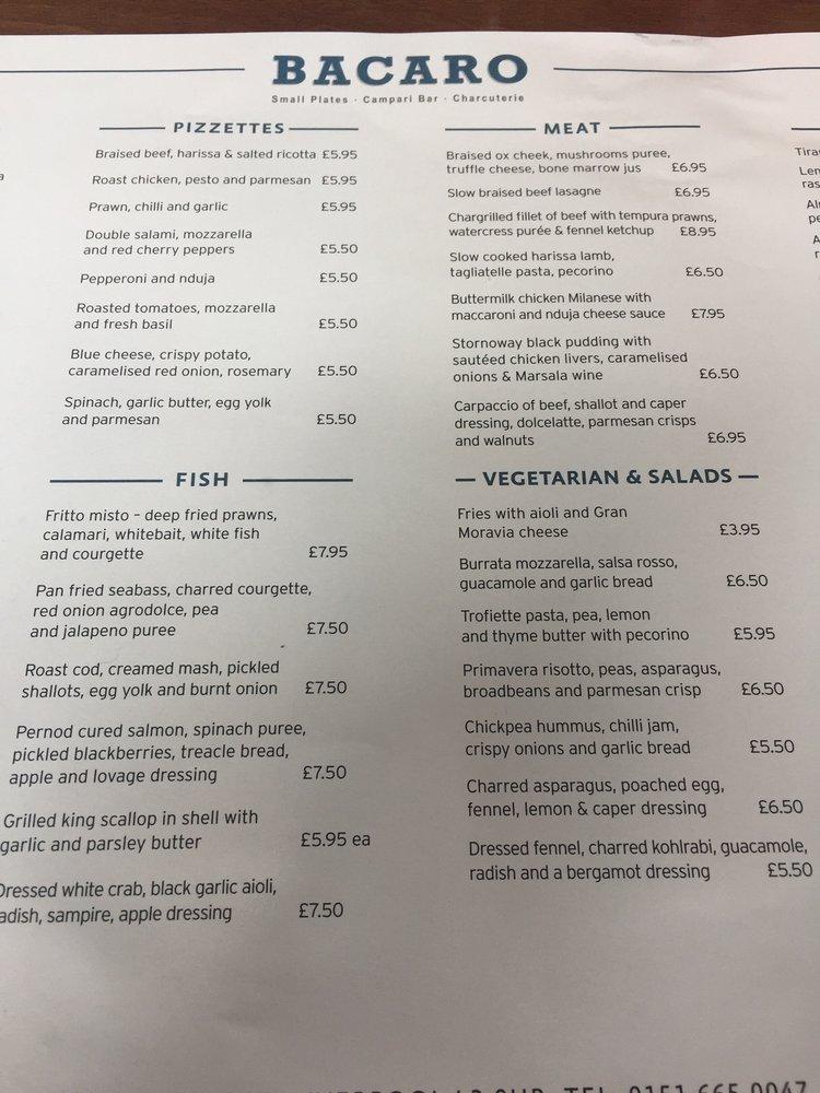 Menu at Bacaro pub & bar, Liverpool