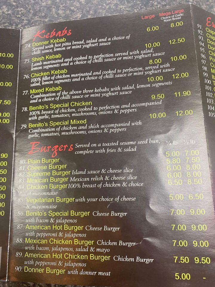 Menu at Benitos fast food, Sheffield