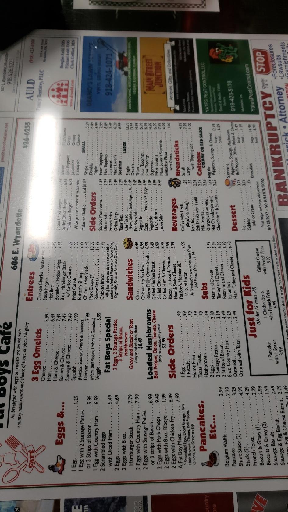 Menu at Fat Boys Cafe, McAlester