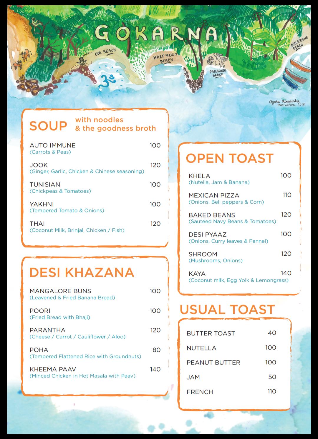 Menu at Mantra Cafe, Gokarna