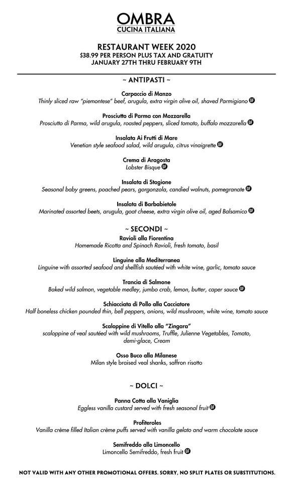 Menu at Ombra Cucina Italiana restaurant, Hilton Head Island