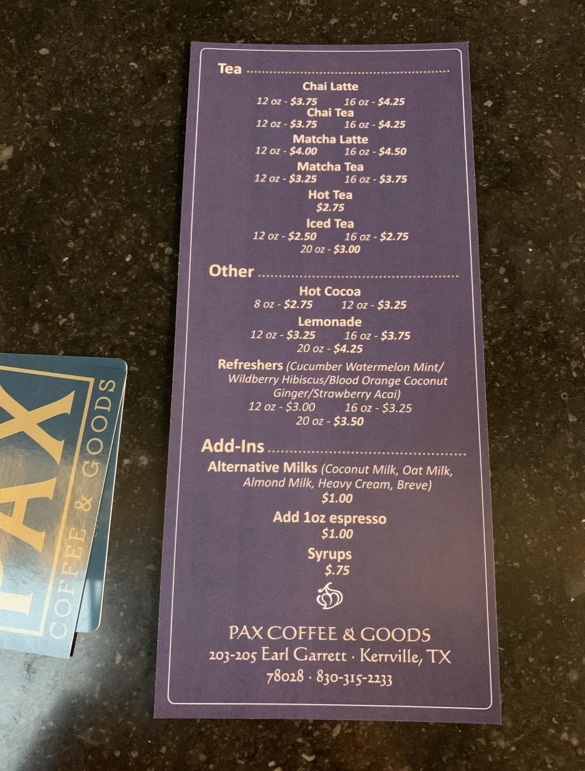 Menu at PAX Coffee Shop cafe, Kerrville