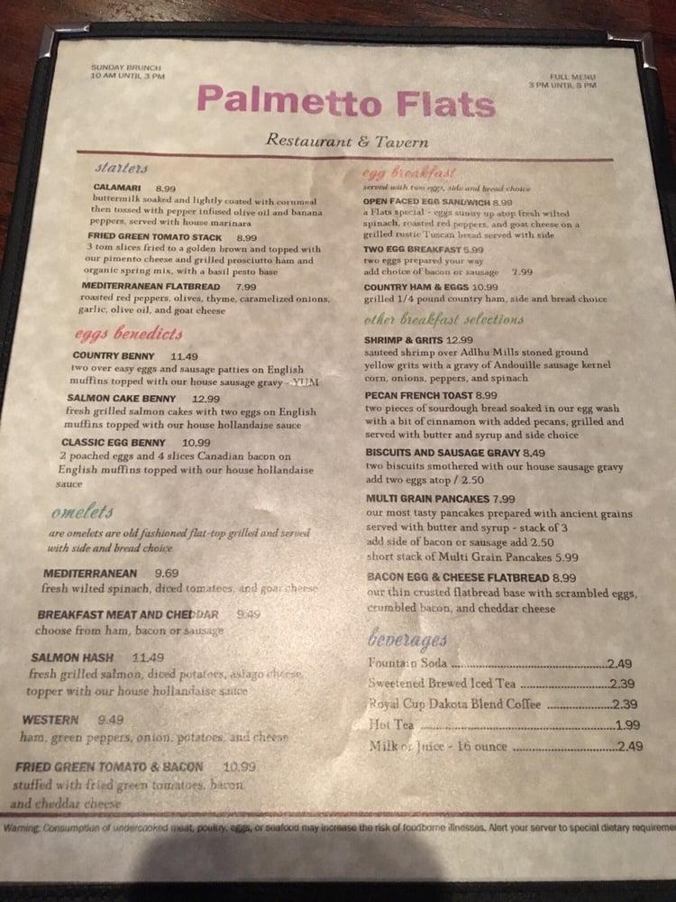 Menu at Palmetto Flats Restaurant & Tavern, Summerville