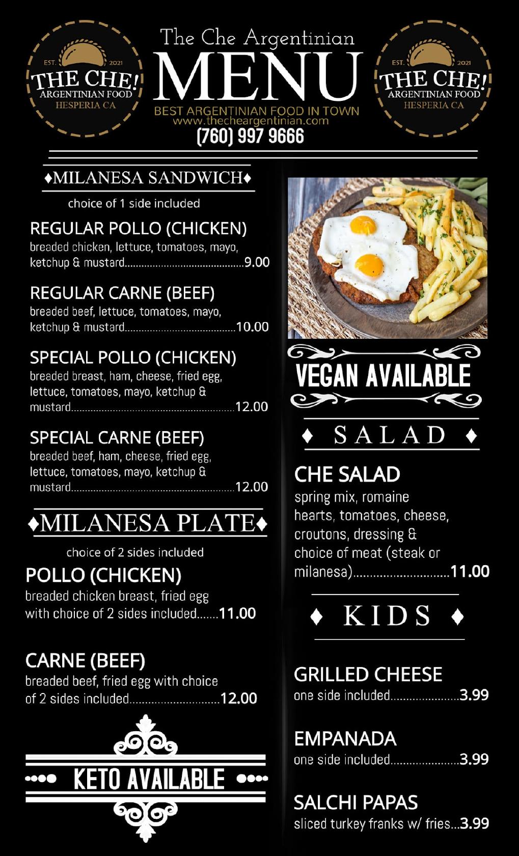 Menu at The Che Argentinian restaurant, Hesperia