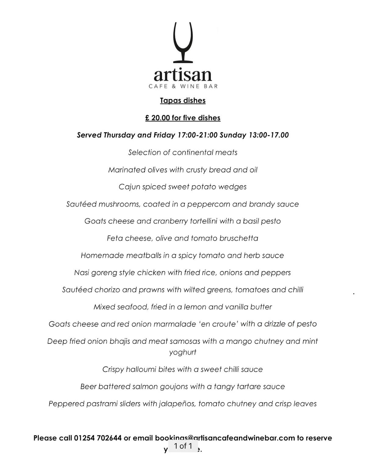 Menu at Artisan Cafe & Wine Bar Ltd, Darwen