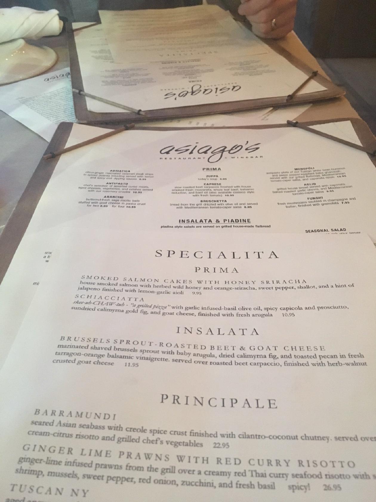Menu at Asiago's restaurant, Boise, W Main St