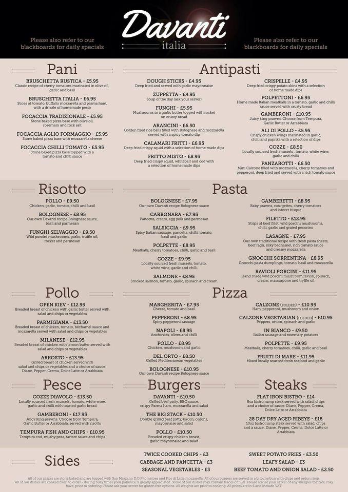 Menu at Davanti Whitley Lodge restaurant, Whitley Bay