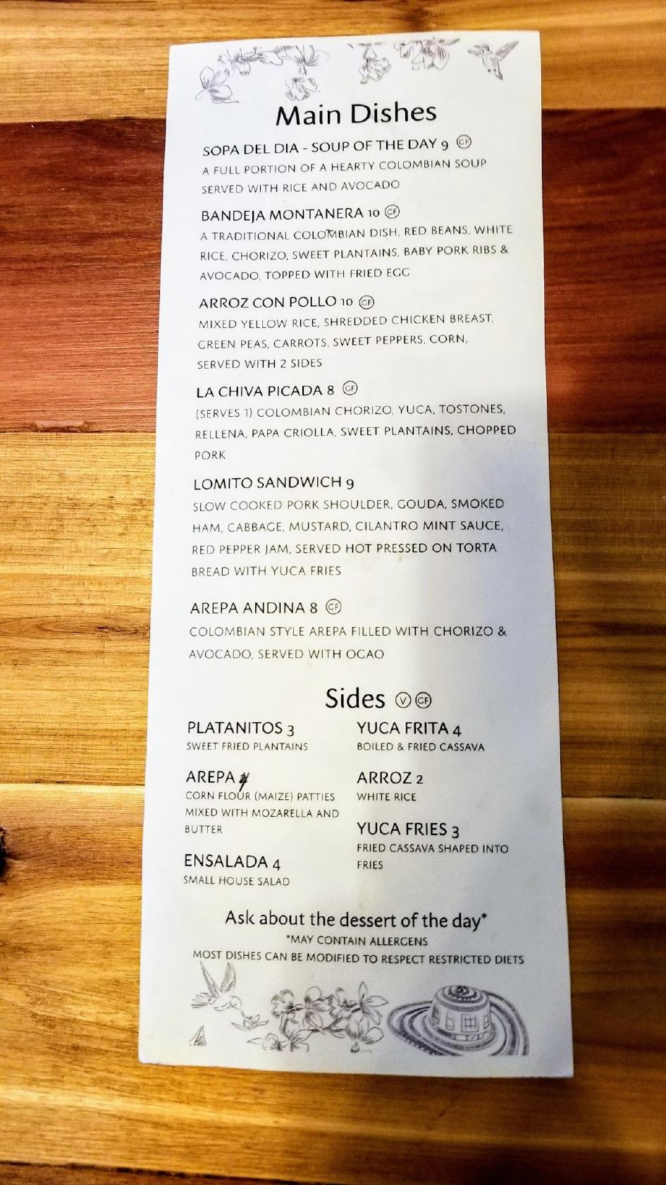 Carta del pub y bar La Chiva Colombian Cuisine, Denver, S Broadway