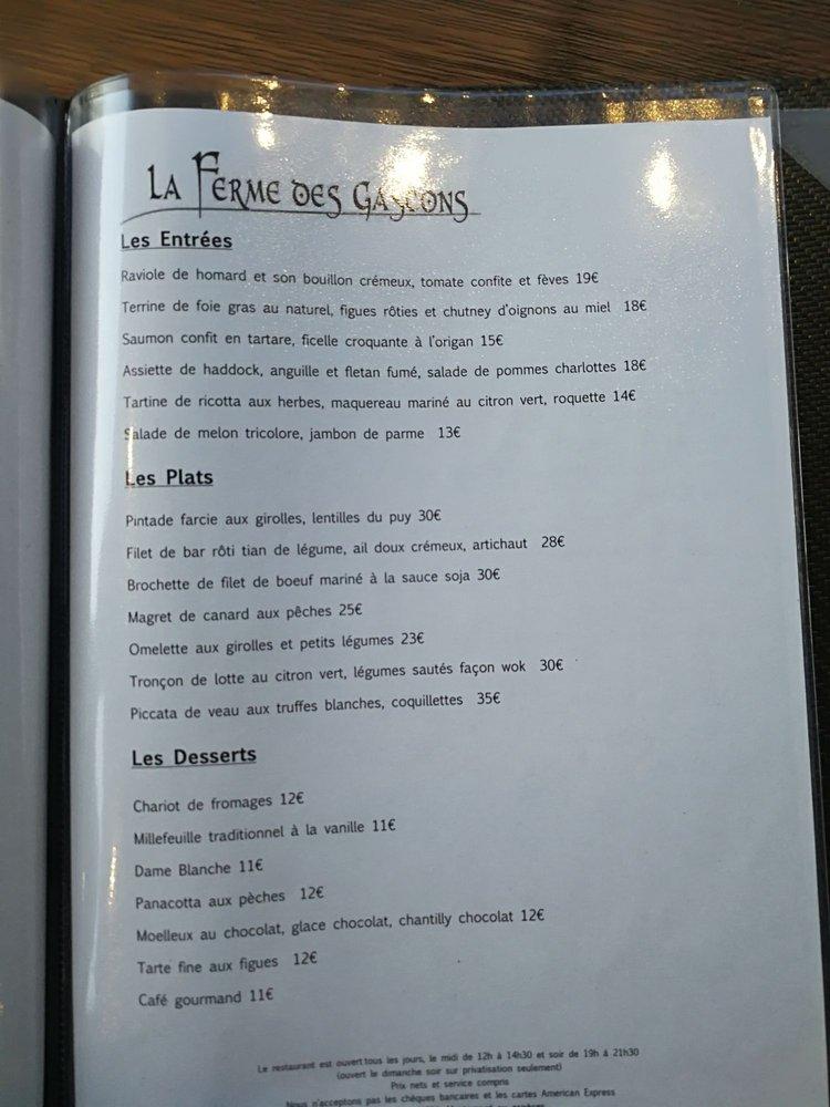 Menu au La Ferme restaurant, Les Ulis