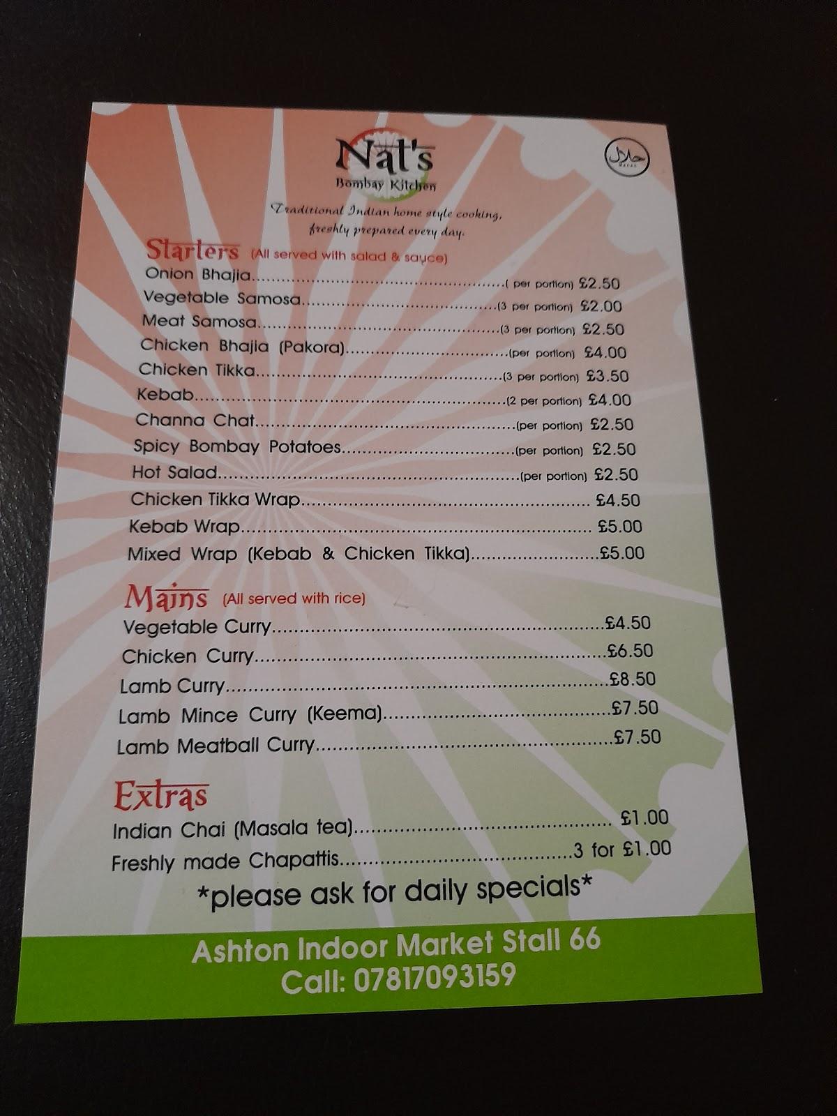 Menu at Nat's Bombay Kitchen restaurant, Ashton-under-Lyne