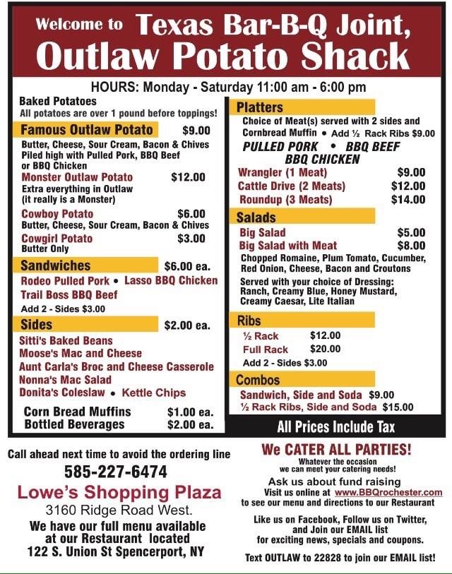 Menu at Outlaw Potato Shack pub & bar, Rochester