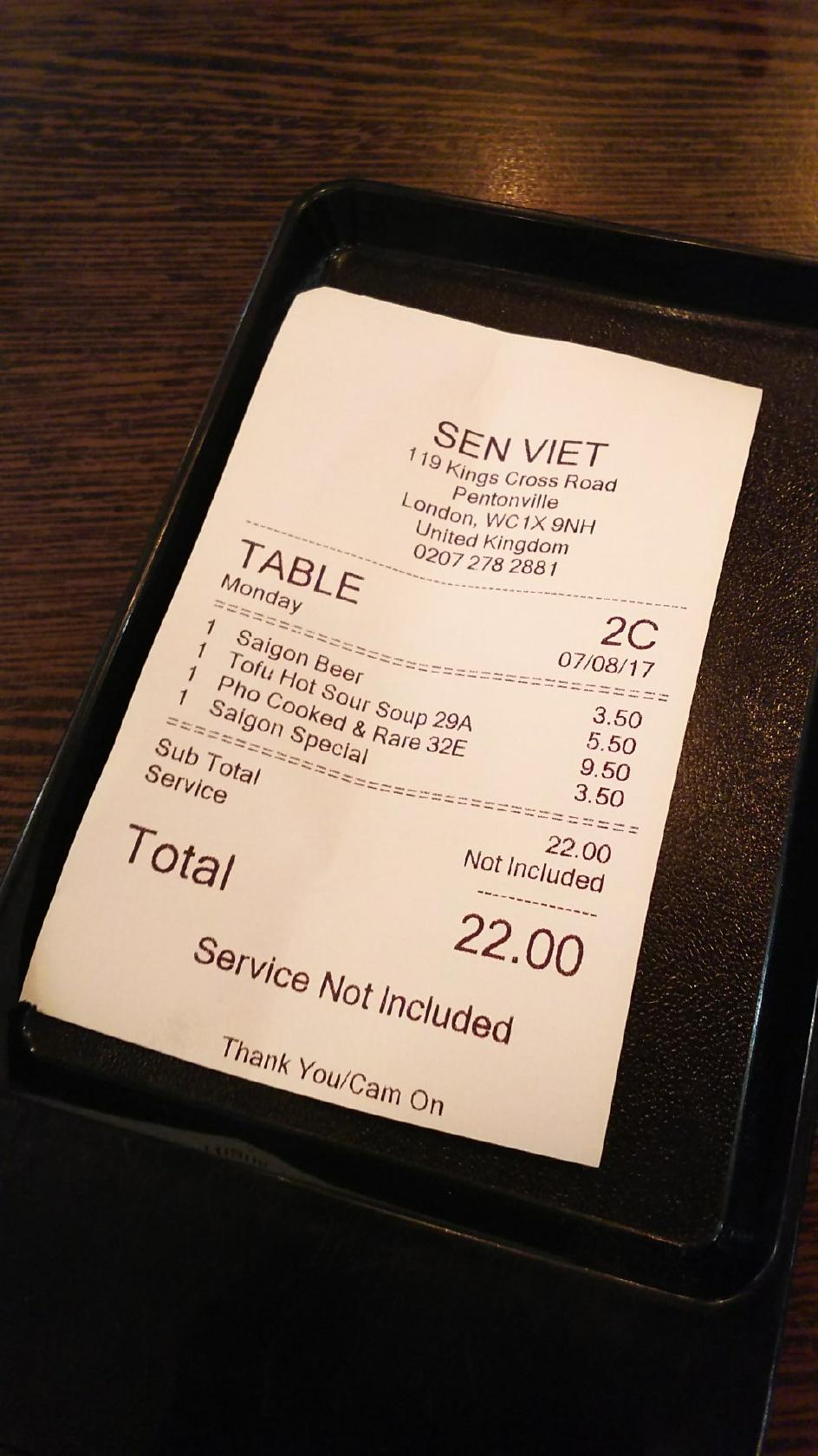 Menu at Sen Viet restaurant, London, 119 King's Cross Rd