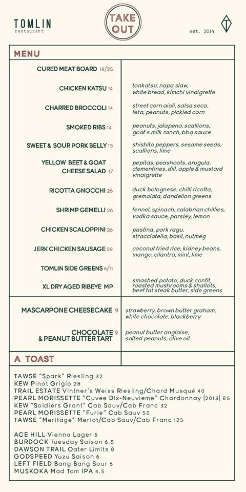 Menu at Tomlin pub & bar, Thunder Bay