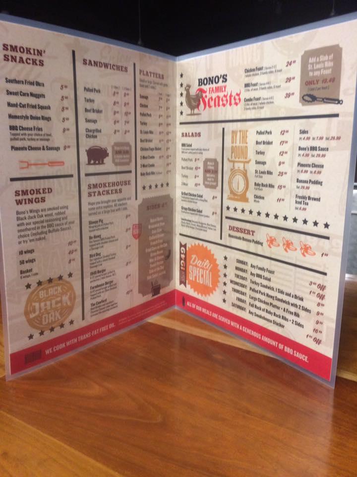 Menu at Bono's Pit Bar-B-Q, Neptune Beach, Atlantic Blvd