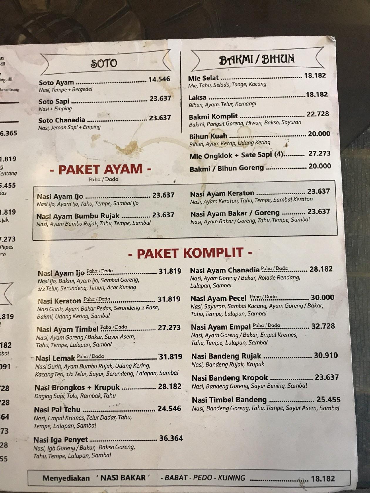 Menu at Chanadia Cipta Rasa Erlangga restaurant, Semarang