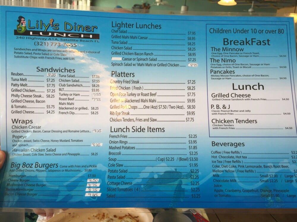 Menu at Lily's Beachside Restaurant, Satellite Beach