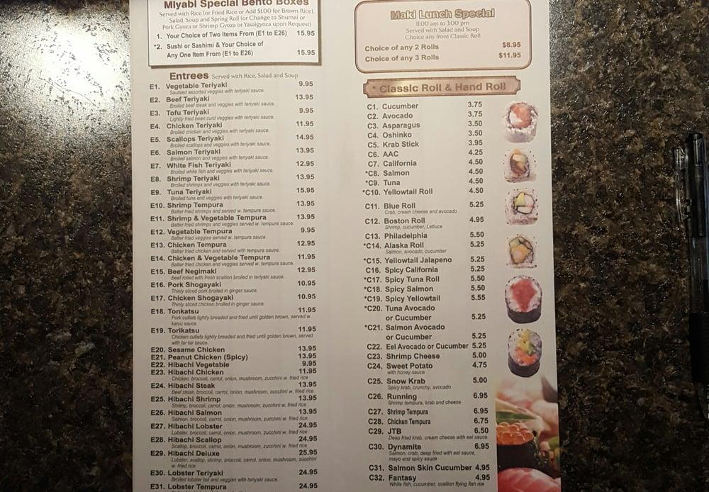Menu at Miyabi Sushi restaurant, Richmond