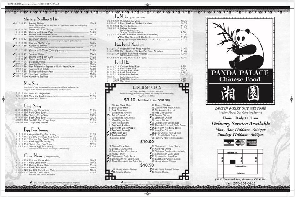 Menu at Panda Palace restaurant, Montrose