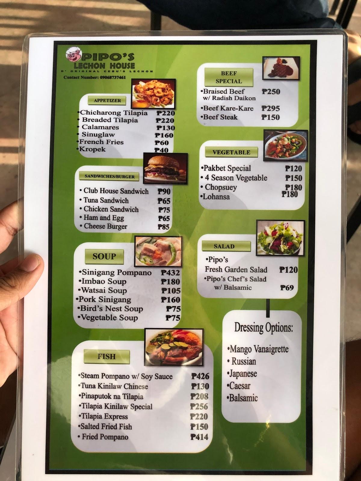 Menu at Pipo’s Lechon House restaurant, Koronadal City