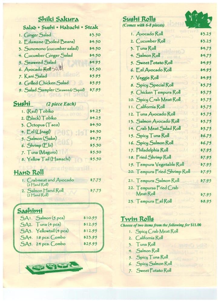 Menu at Shiki Sakura restaurant, Birmingham, 27 Olmsted St