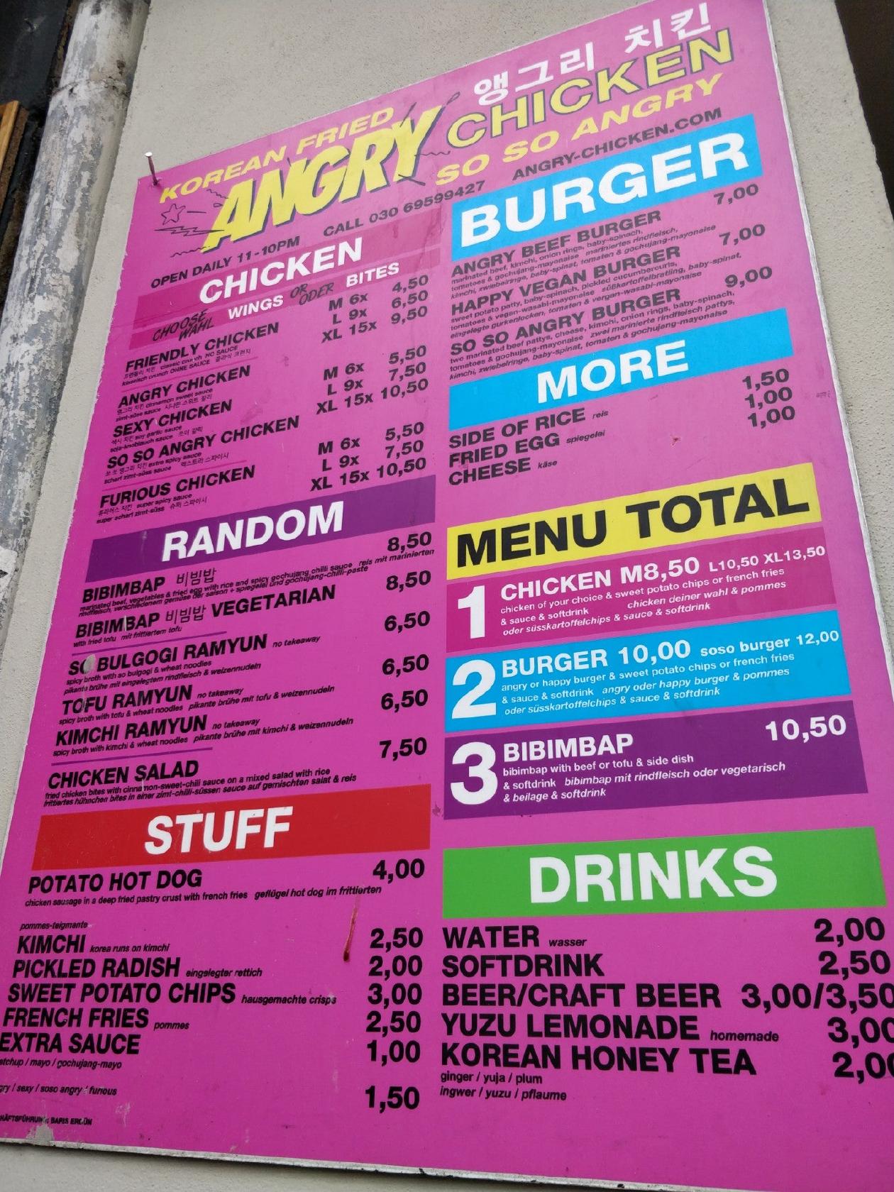 Menu at Angry Chicken fast food, Berlin, Oranienstraße 16