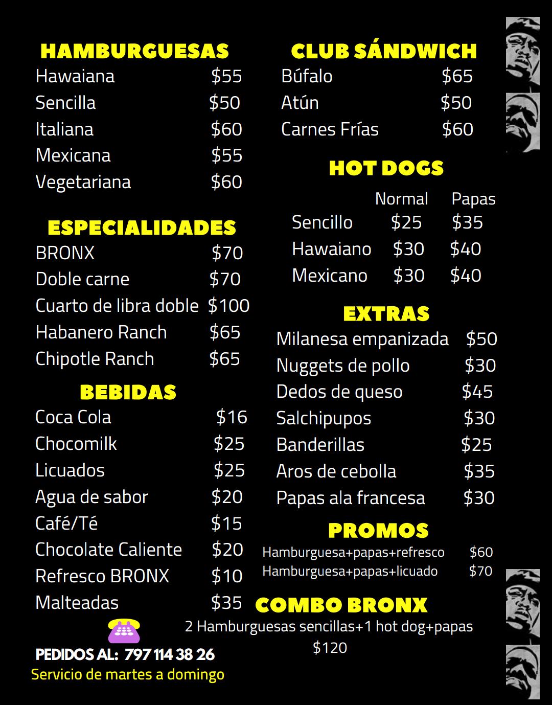 Menu at BRONX restaurant, Chignahuapan
