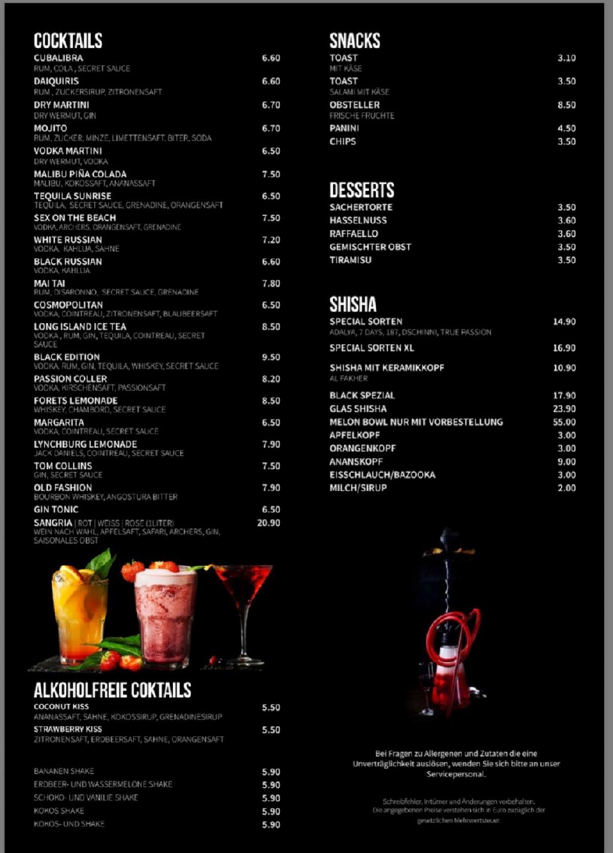 Menu at Black Lounge pub & bar, Vienna, Baumgasse 25-27