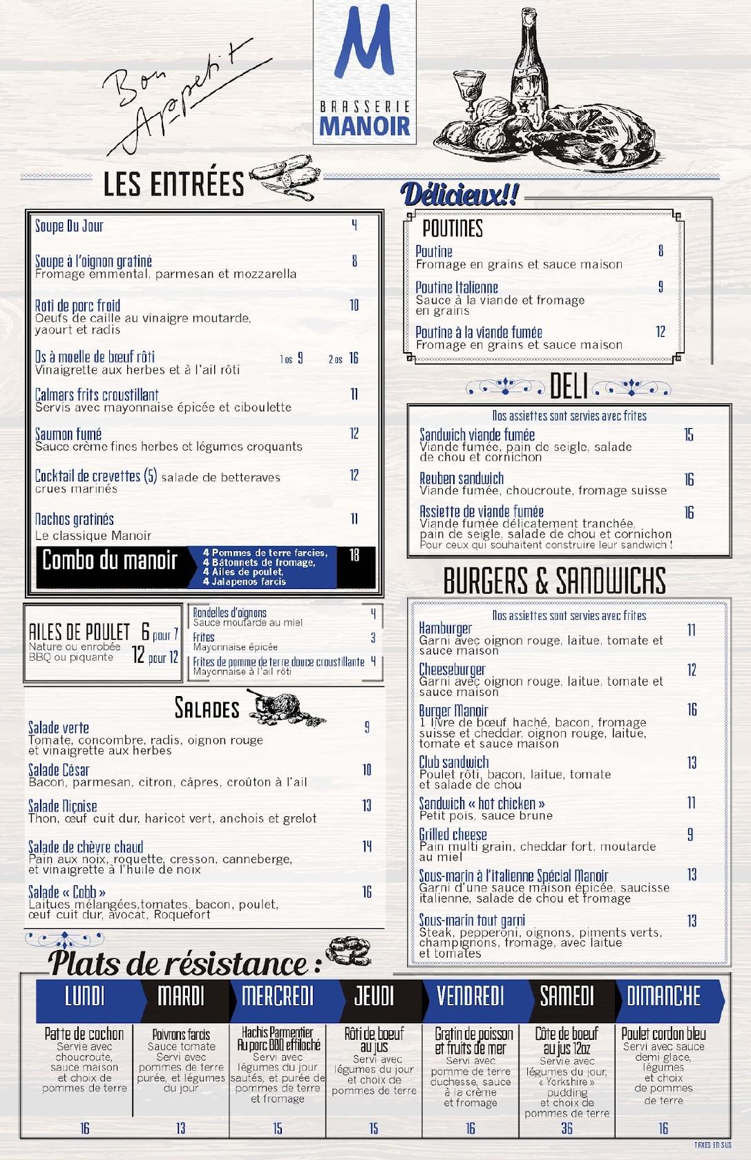 Menu at Brasserie Le Manoir Pointe-Claire pub & bar, Pointe-Claire, 600 ...