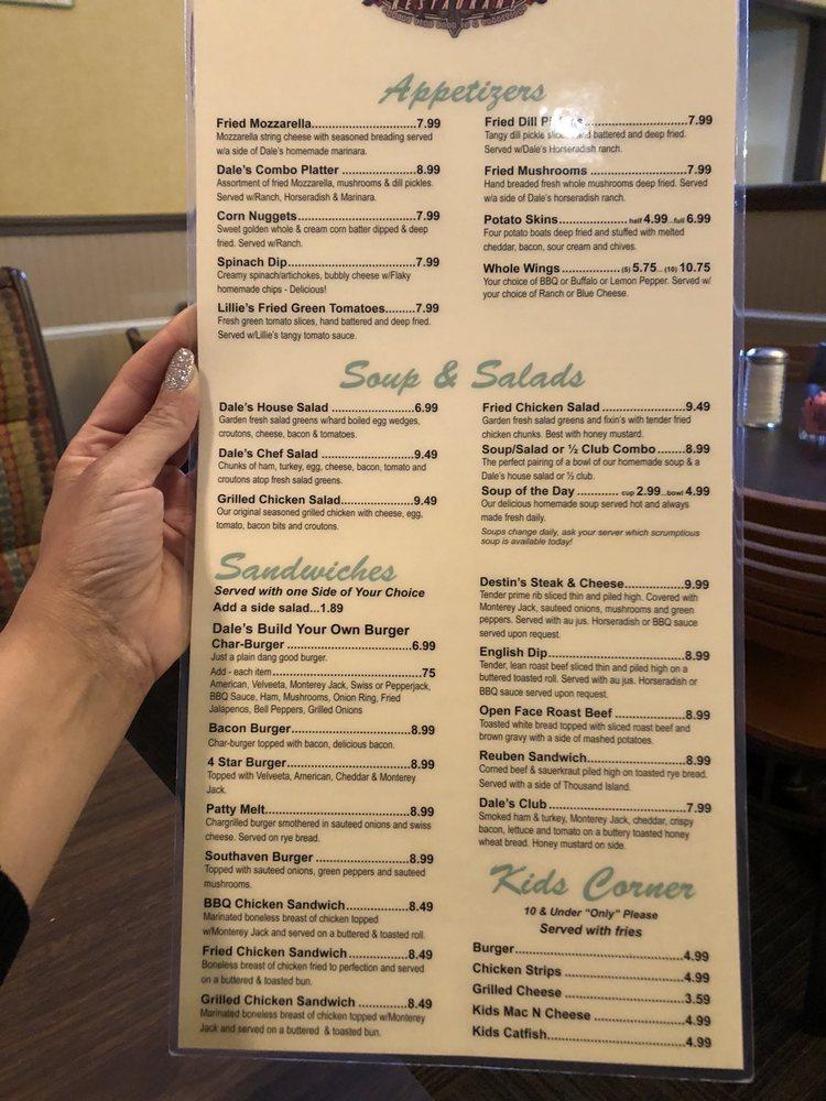 Menu at Dale's restaurant, Southaven