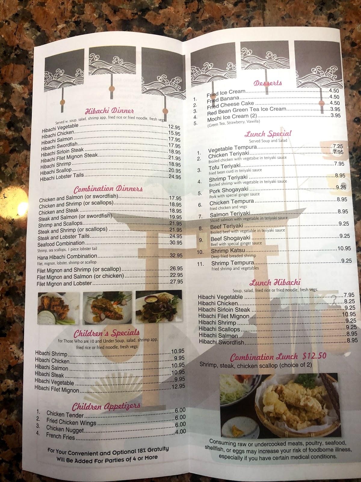 Menu at HANA SUSHI AND HIBACHI restaurant, West Hazleton