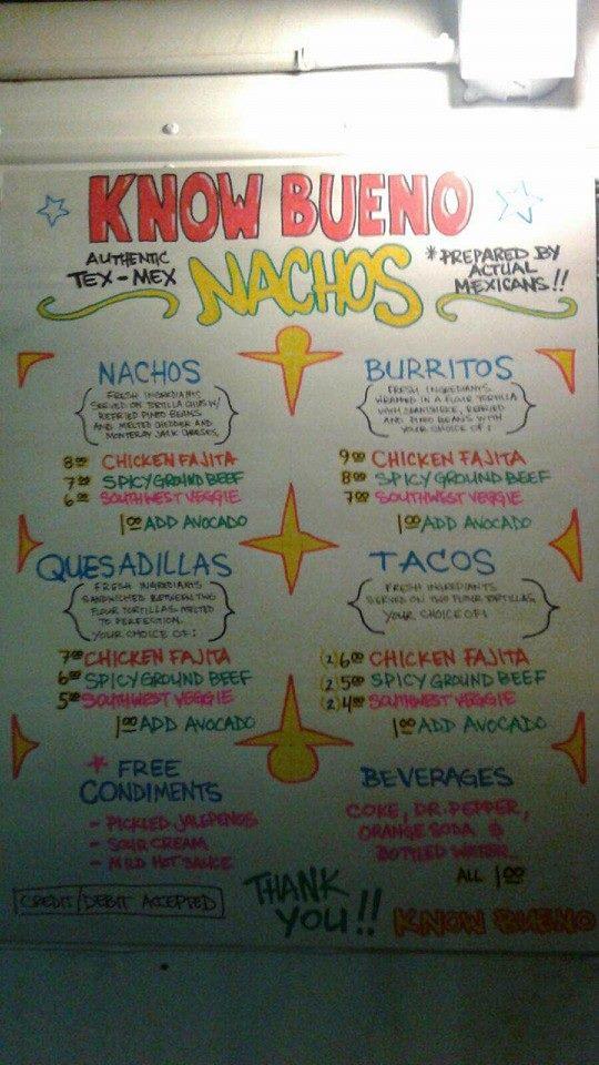 Menu at Know Bueno Nachos, Austin