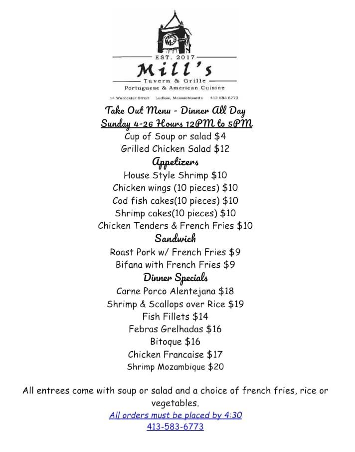 Menu at Mill's Tavern & Grille restaurant, Ludlow