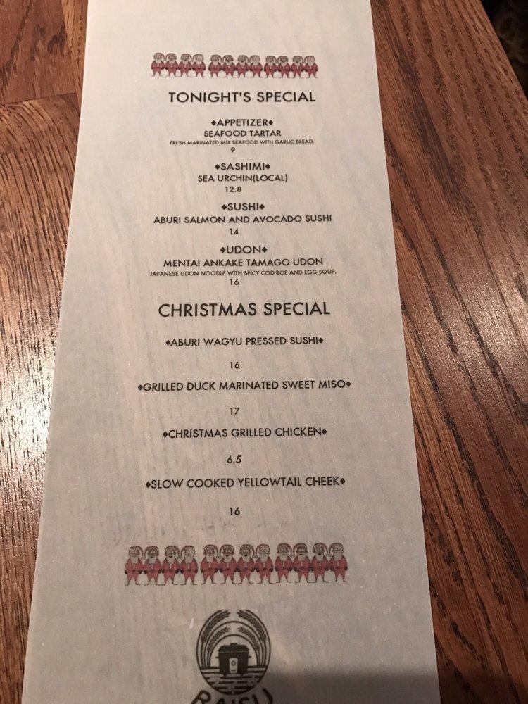 Menu at Raisu restaurant, Vancouver