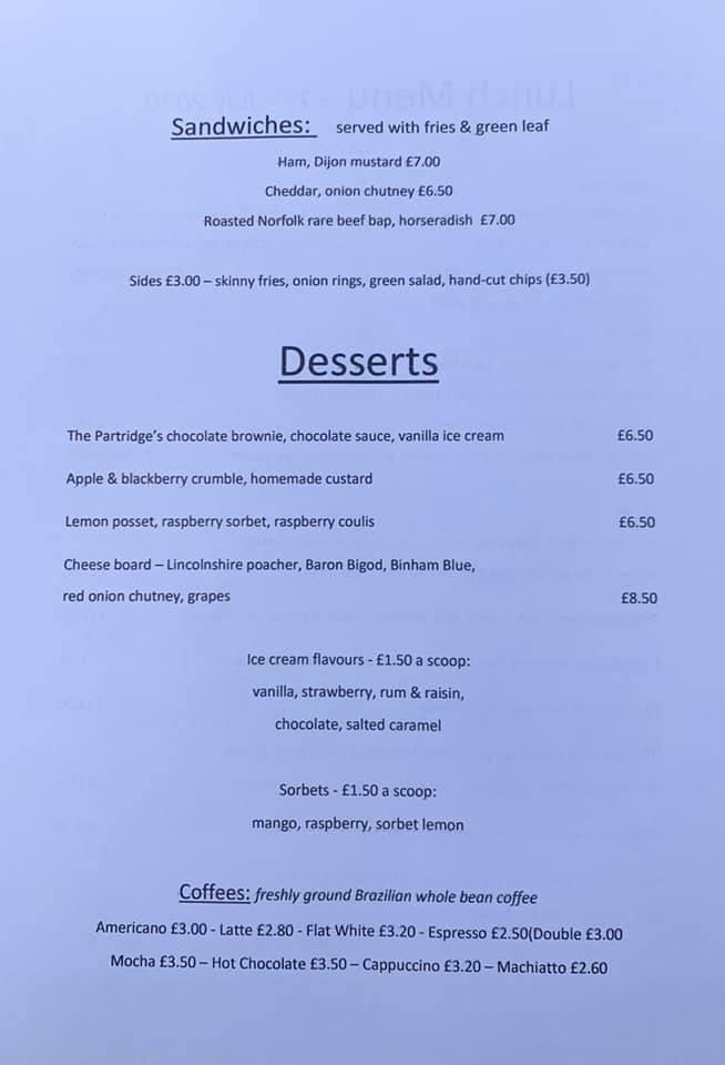 Menu at The Partridge restaurant, Terrington Saint Clement