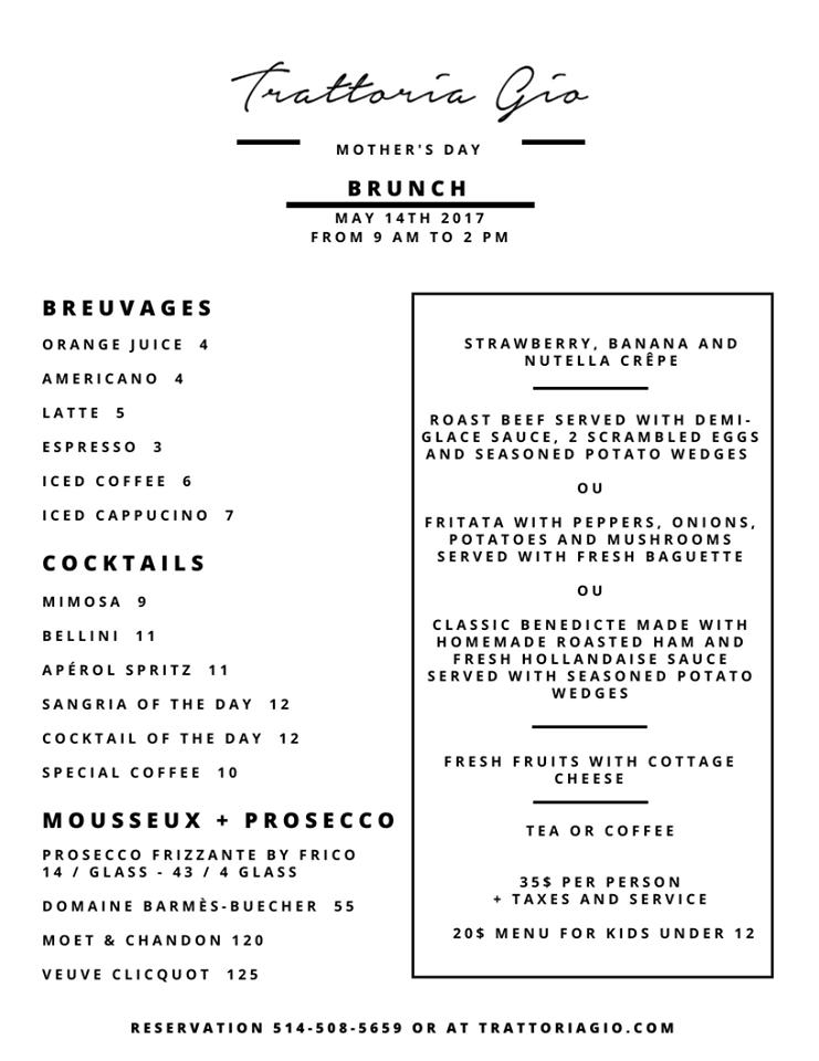 Menu at Trattoria Gio pizzeria, Montreal