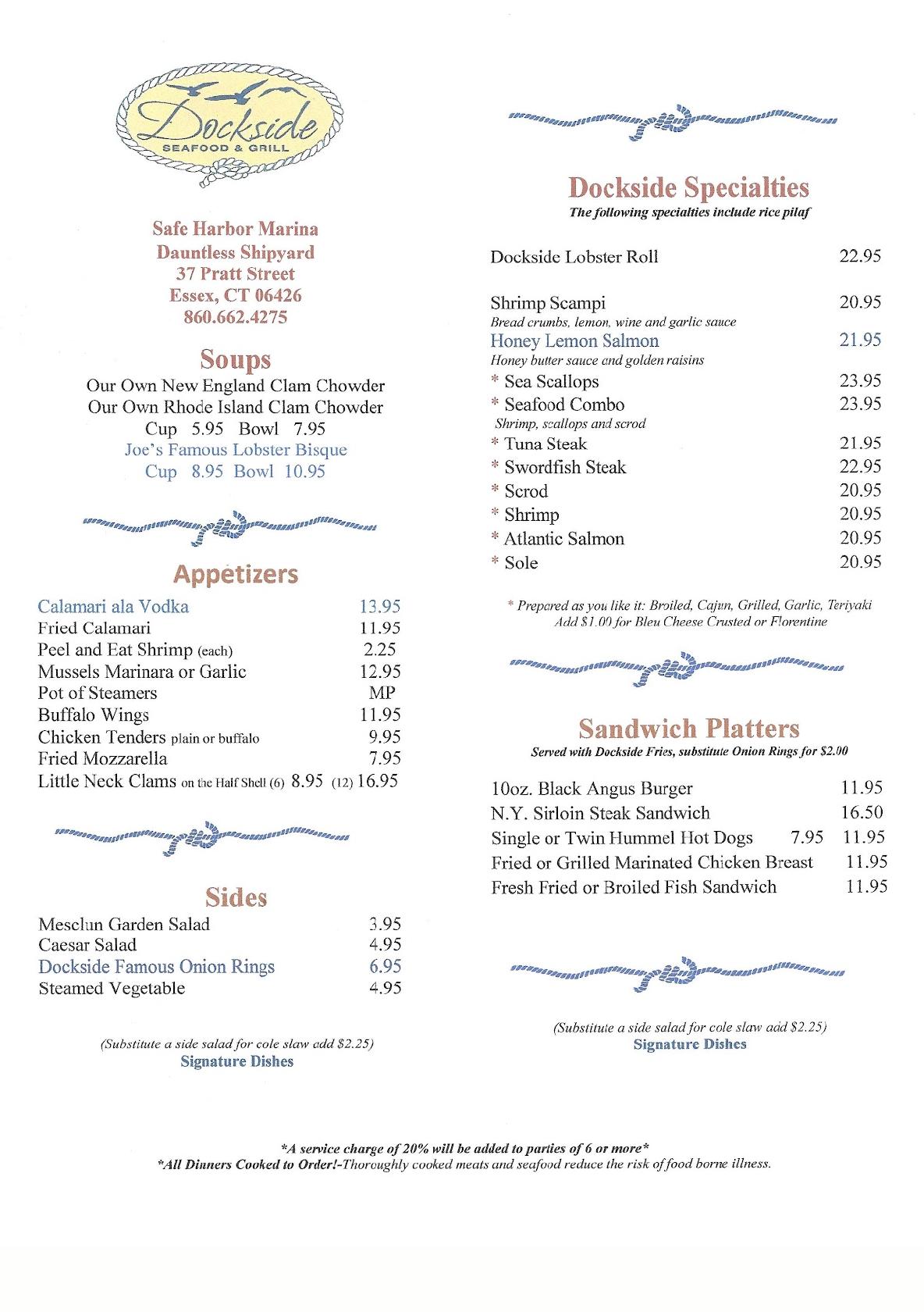 Menu at Dockside at Dauntless restaurant, Essex