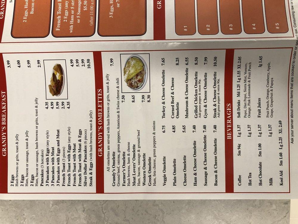 Menu at Grandy's Coney Island fast food, Detroit, Holbrook Ave