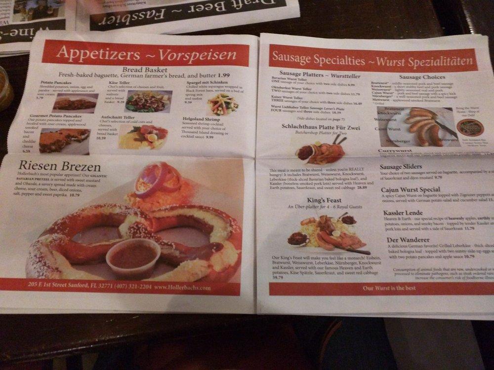 Menu at Hollerbach's German Restaurant, Sanford