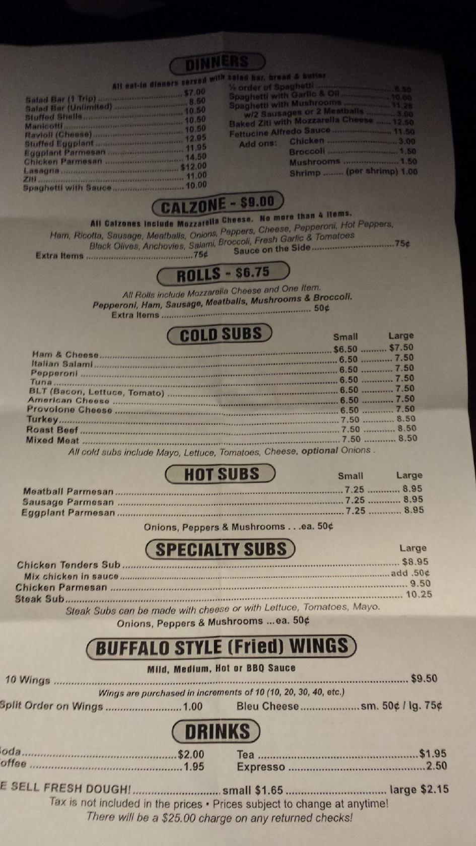 Menu at Magro's pizzeria, Norwich