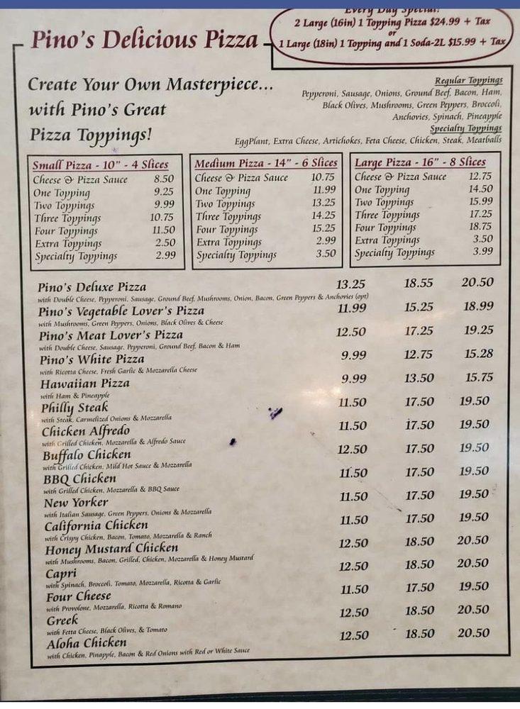 Menu at Pino's Pizza & Italian Restaurant, Appomattox, Richmond Hwy