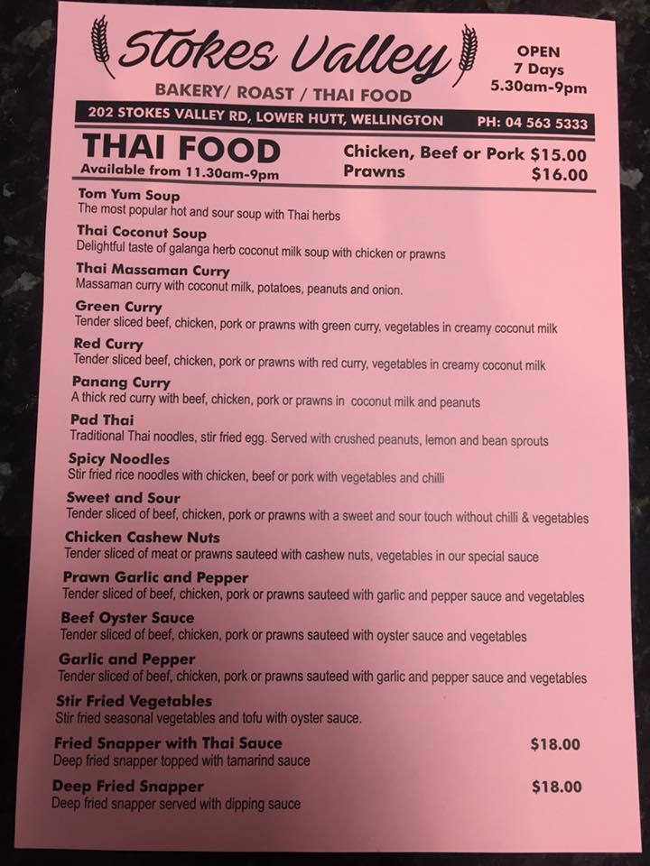 Menu at Stokes valley Bakery Thai Food, Wellington