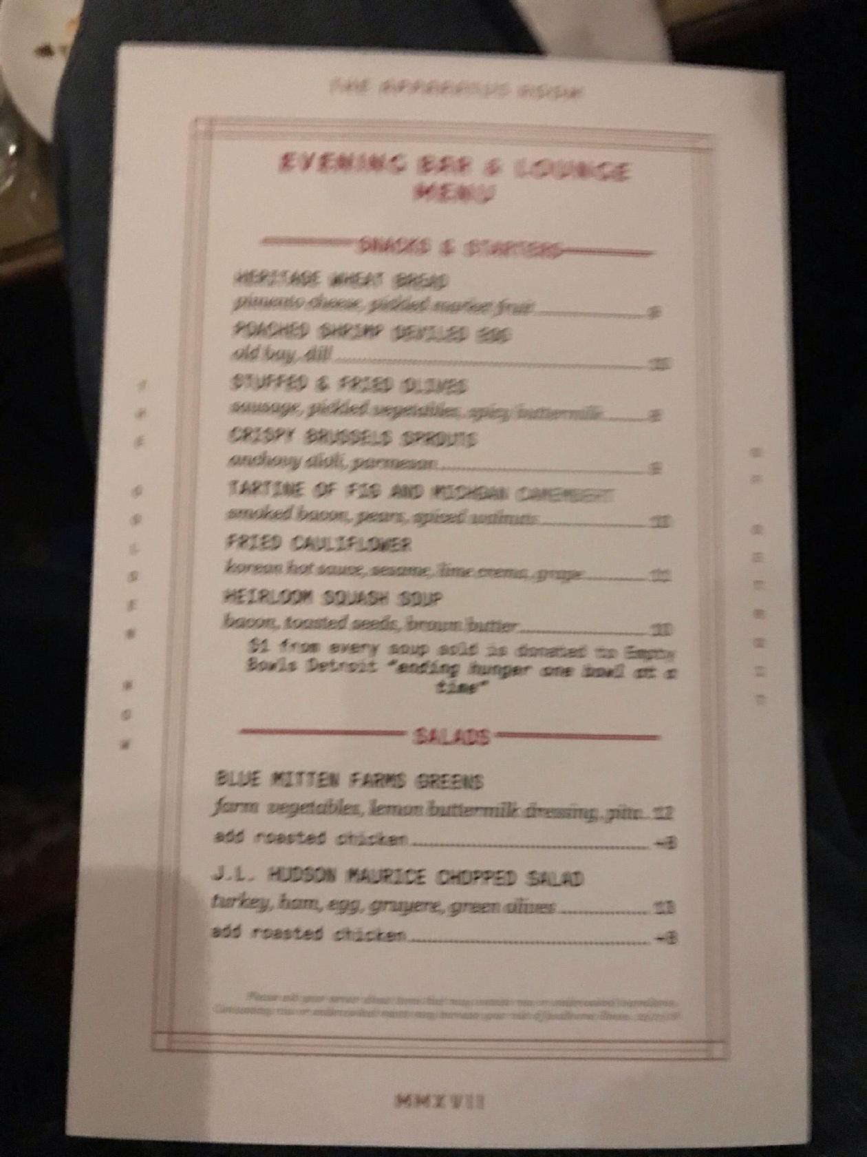 Menu at The Apparatus Room pub & bar, Detroit