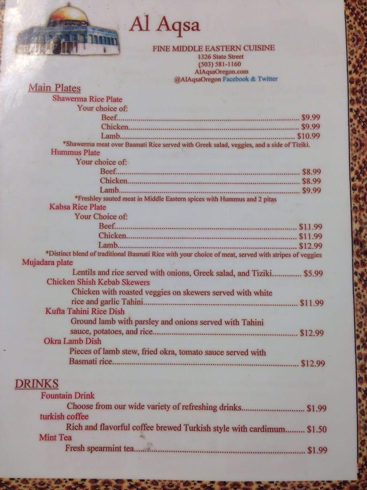 Menu at Al Aqsa restaurant, Salem