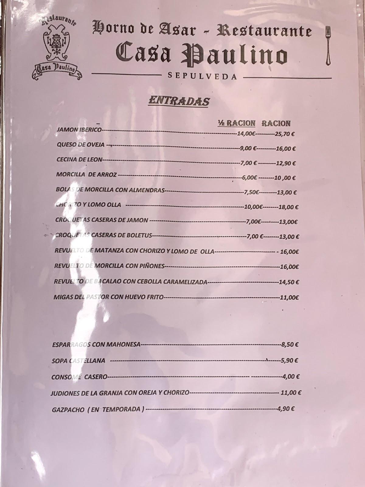 Carta de parrilla Casa Paulino, Sepúlveda